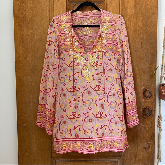 unbranded | Tops | Indian Cotton Embroidered Tunic Top Pink Yellow ...